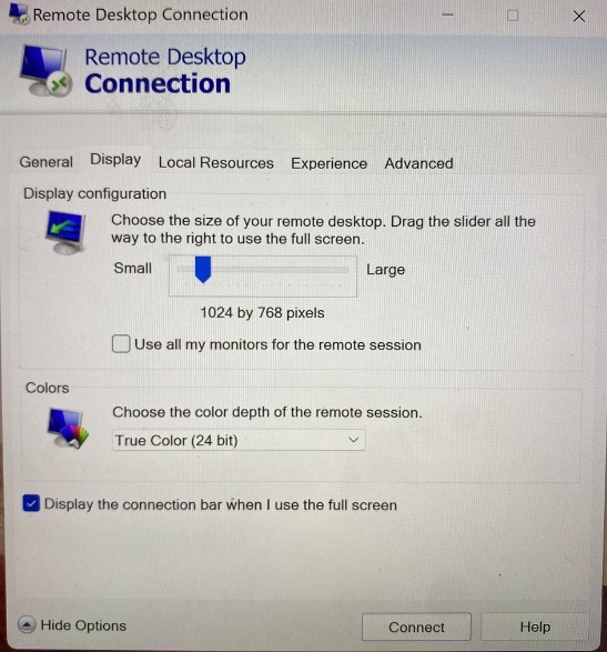 How do I scale or define a Remote Desktop for Hyper-v VM that is ...