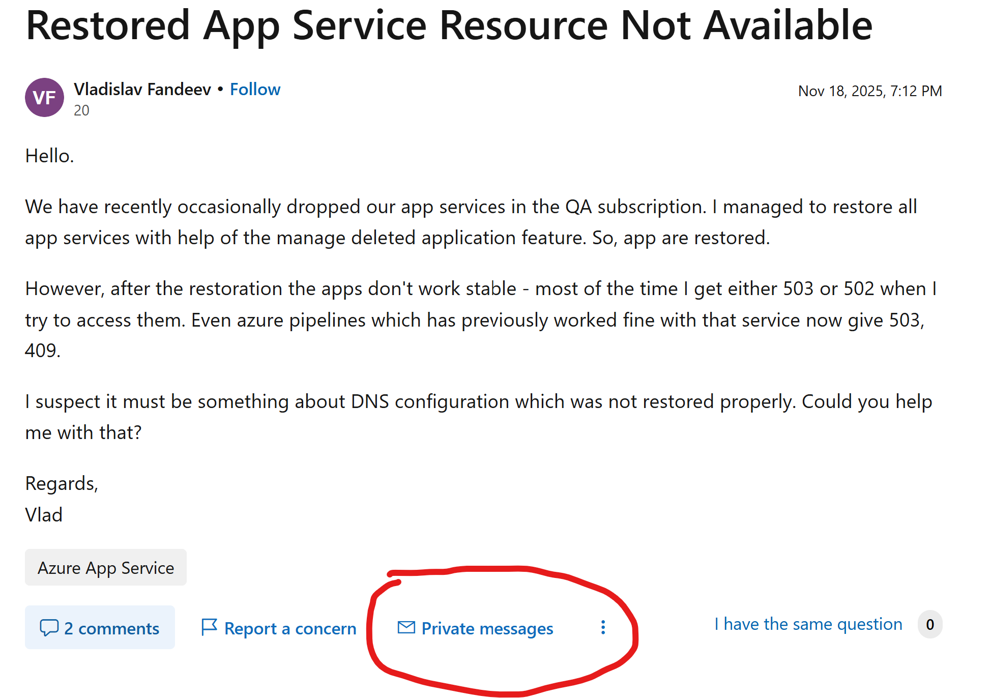 Restored App Service Resource Not Available - Microsoft Q&A