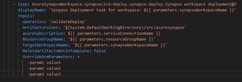 OverrideArmParameters with Synapse workspace deployment@2 - Microsoft Q&A