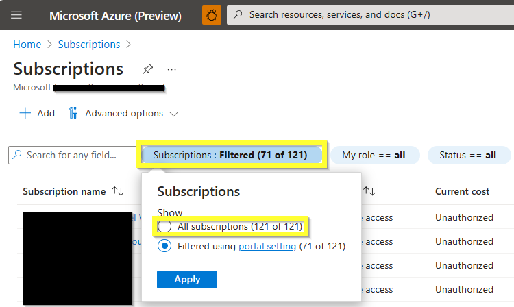 The subscription for this resource is currently filtered out. You need ...