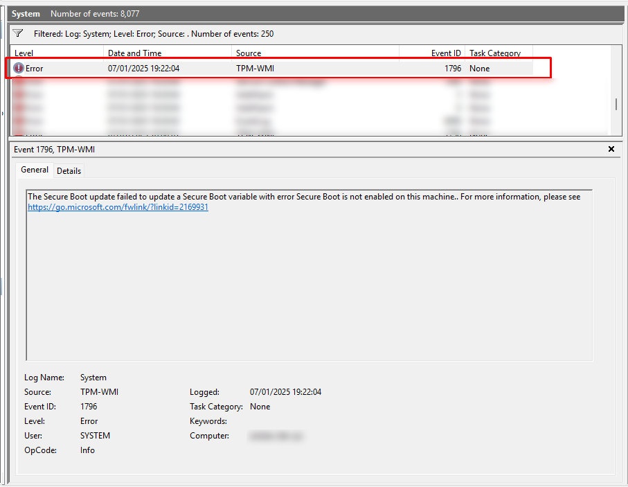 The Secure Boot update failed to update a Secure Boot variable with ...