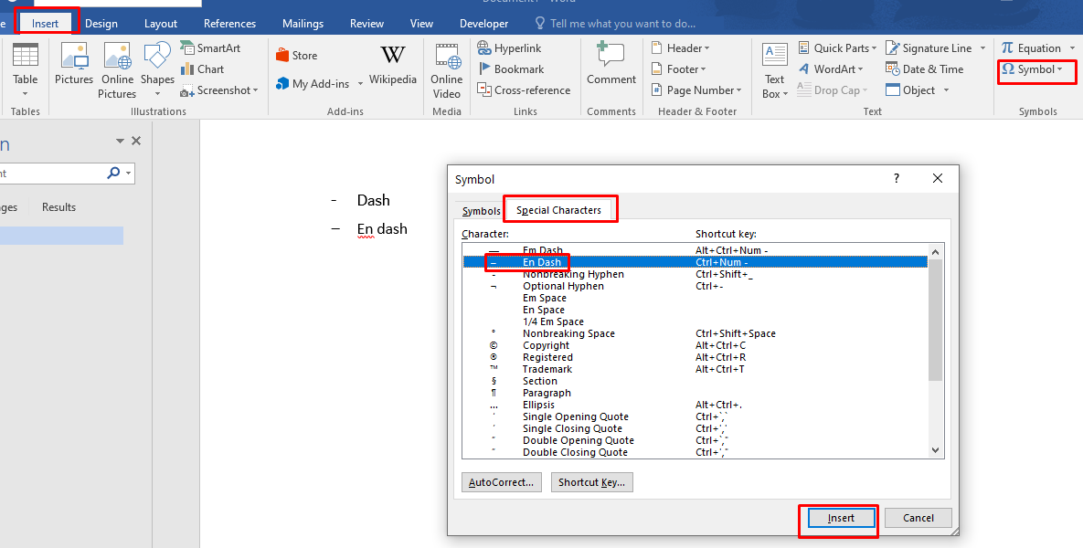 Find function words for dash, but not en dash. - Microsoft Q&A