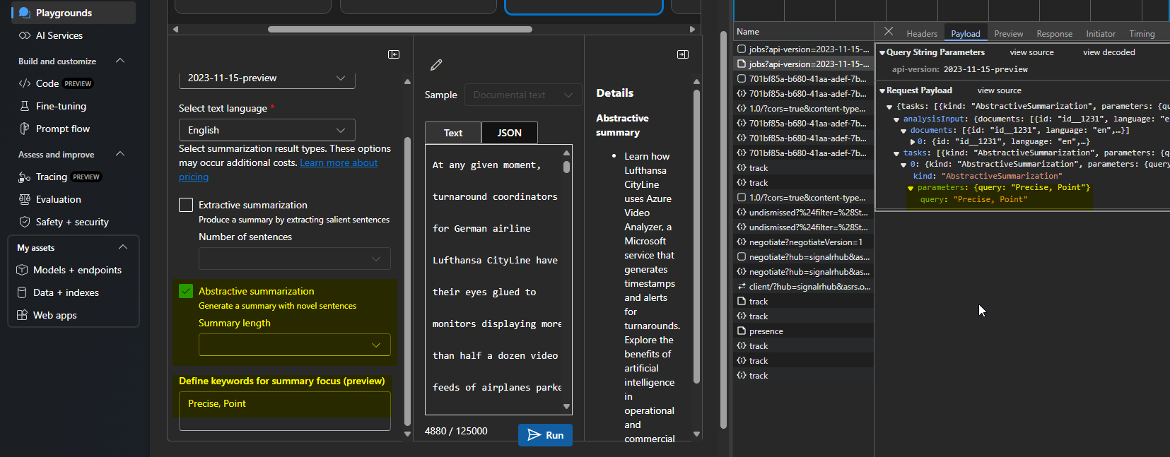 How to set keywords for Azure Language Abstractive Summary in VScode ...