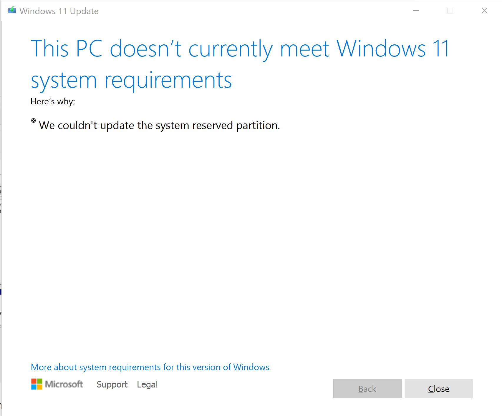 "Windows 11 Update: We couldn't update the system reserved partition." Screenshot below ...
