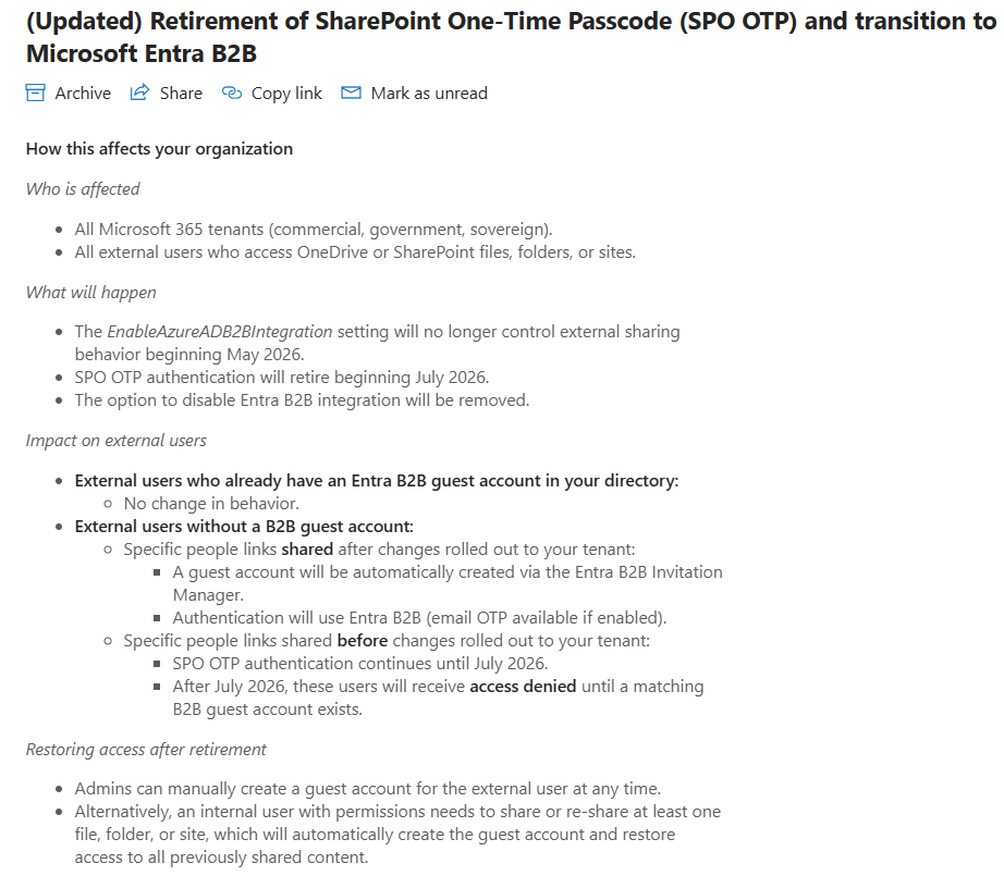Modification Partage externe ETE 2026 - Microsoft Q&A