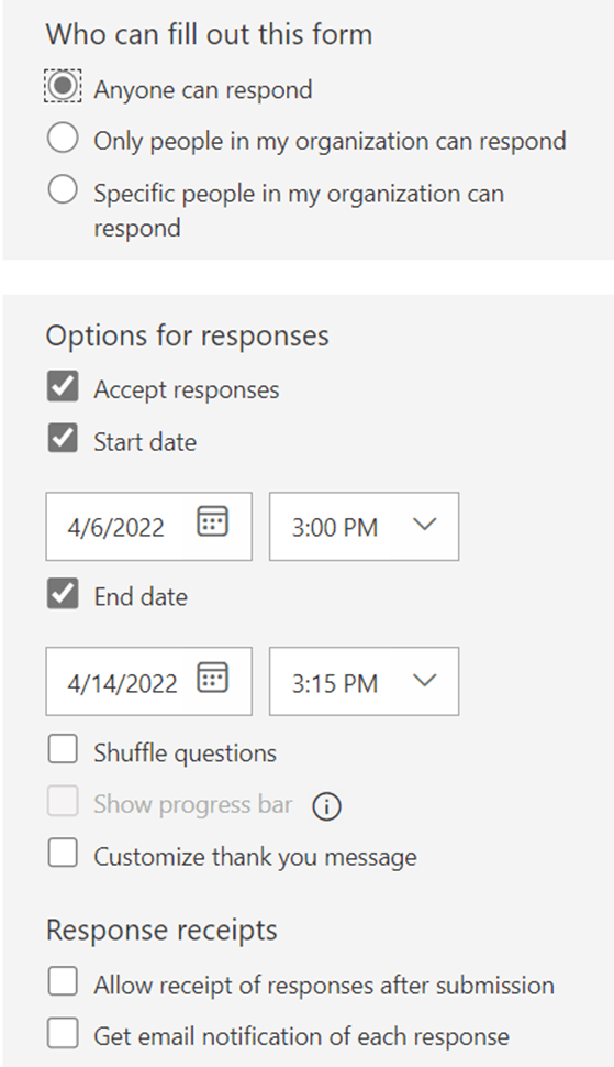 microsoft forms start date not working - Microsoft Q&A