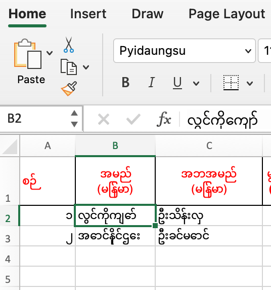 Myanmar Unicode Fonts Displaying Incorrectly in the Cells but Correctly ...