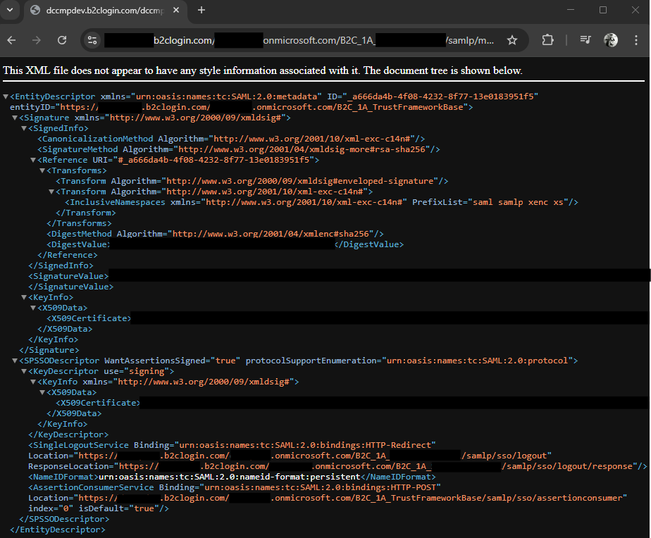 AAD B2C + SAML IdP Sign-in: AADB2C90031: Policy 'B2C_1A_TrustFrameworkBase' does not specify a ...
