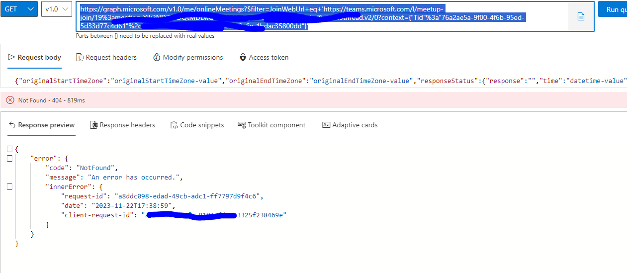 Issue with Microsoft Graph API call to retrieve online meeting ... Issue with Microsoft Graph API call to retrieve online meeting ...