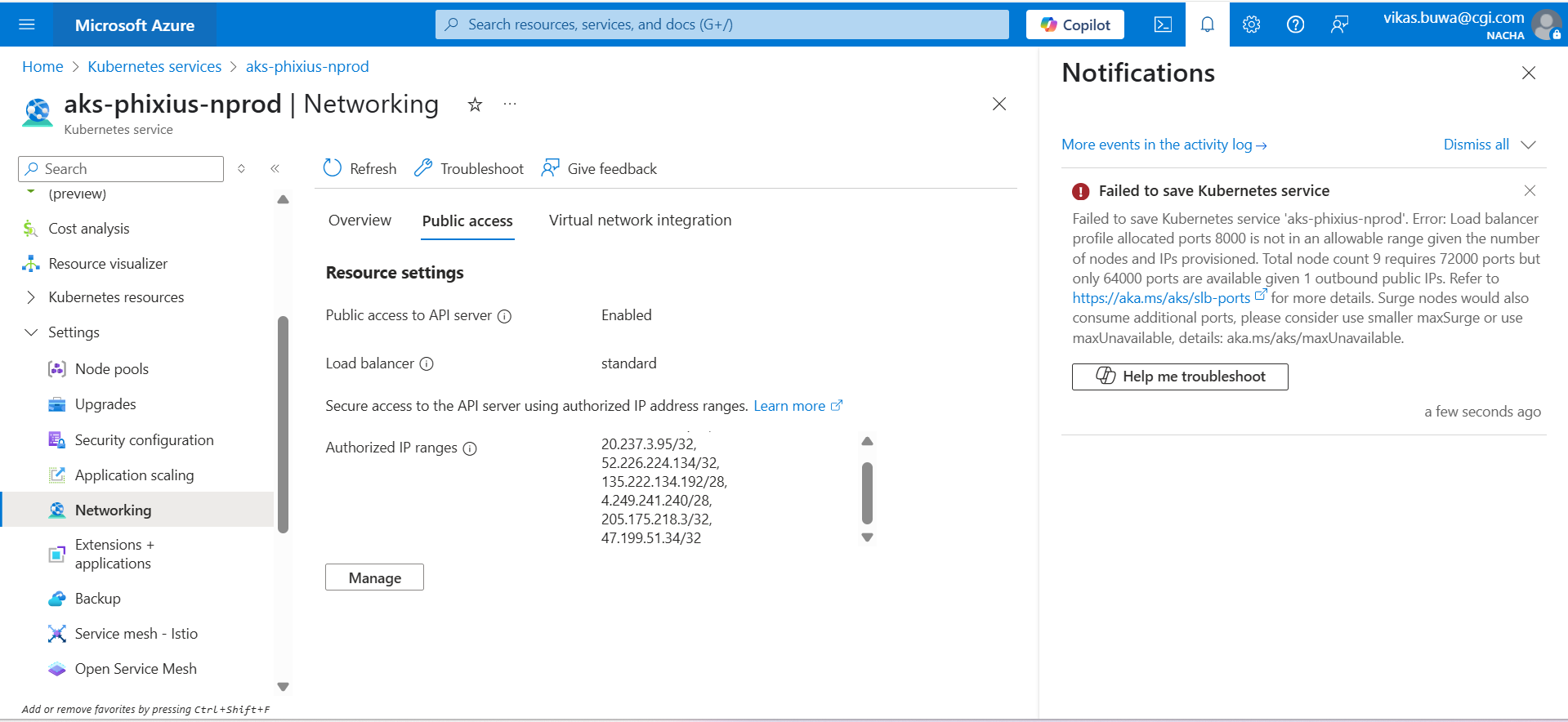 I'm unable to add my public IP address under the "Authorized IP ranges" section in the ...