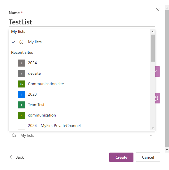 I'm creating a new list but I can't see my teams SharePoint site listed as an option to save to ...