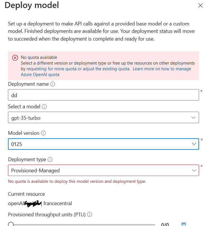No quota is available to deploy this model version and deployment type error - Microsoft Q&A