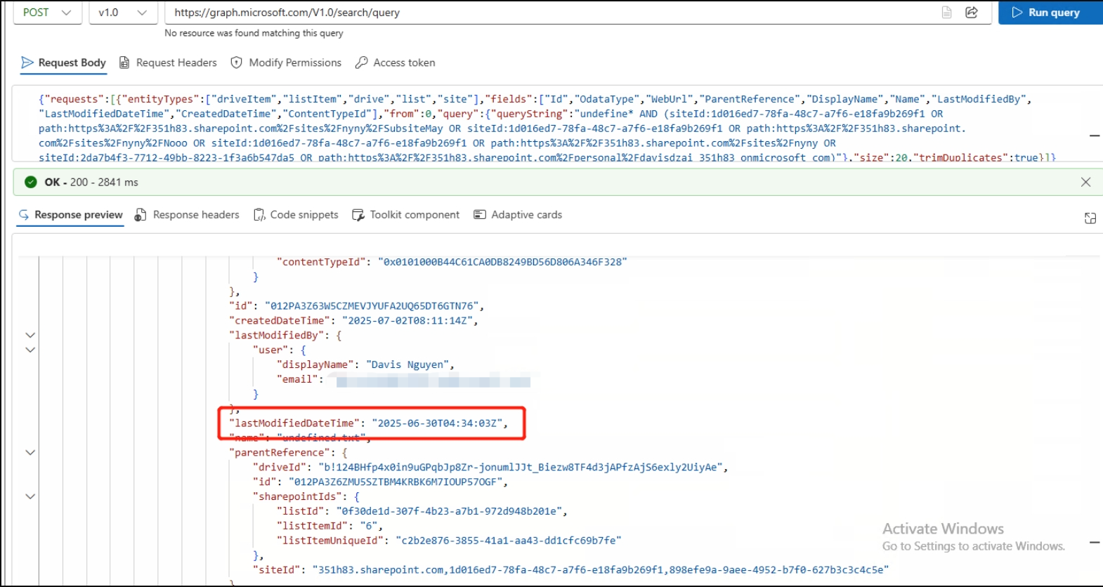 Why Modified Time Value In Graph Api Search Searchquery Is Different With Graph Api Query