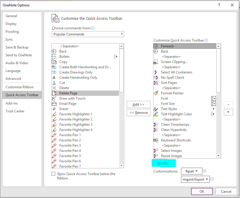The Modify button in the Ribbon Customization part of OneNote Options ...