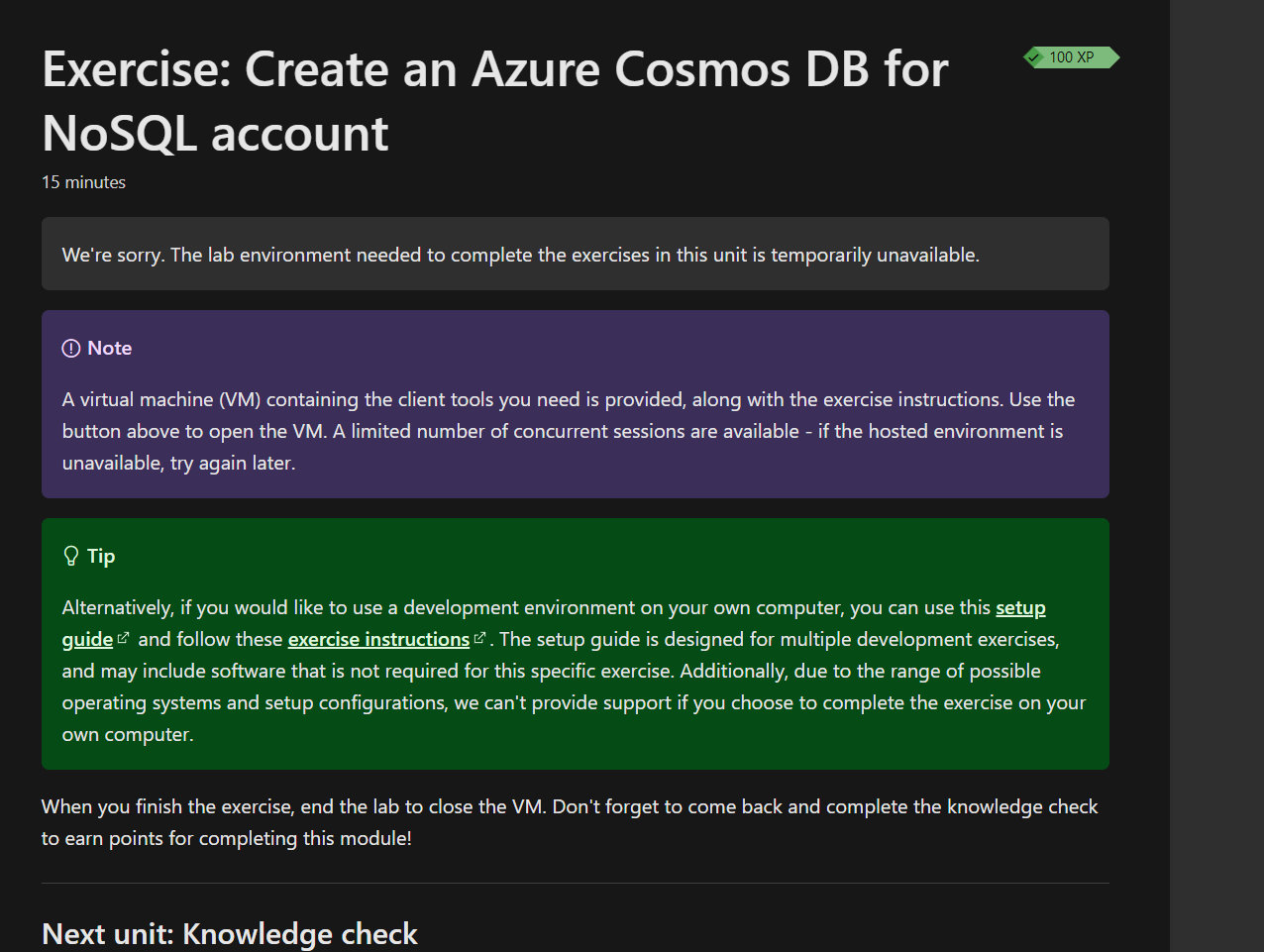 Virtual lab cannot be found at Exercise: Create an Azure Cosmos DB for ...