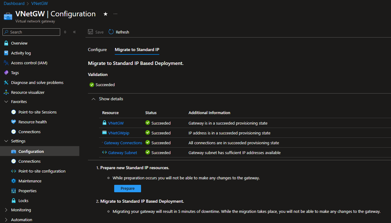 Unable to migrate Basic SKU public IP for Standard SKU VPN - Microsoft Q&A