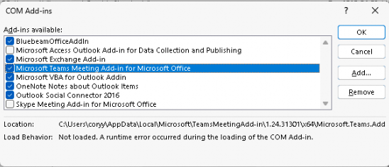 Outlook Add-in connected to Teams meeting creation fails to load. - Microsoft Q&A