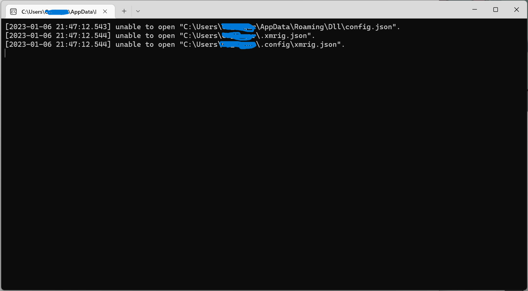 每次开机是总会弹出命令提示符"unable to open "C:\Users\username\AppData\Roaming\Dll\config.json""等语句 ...
