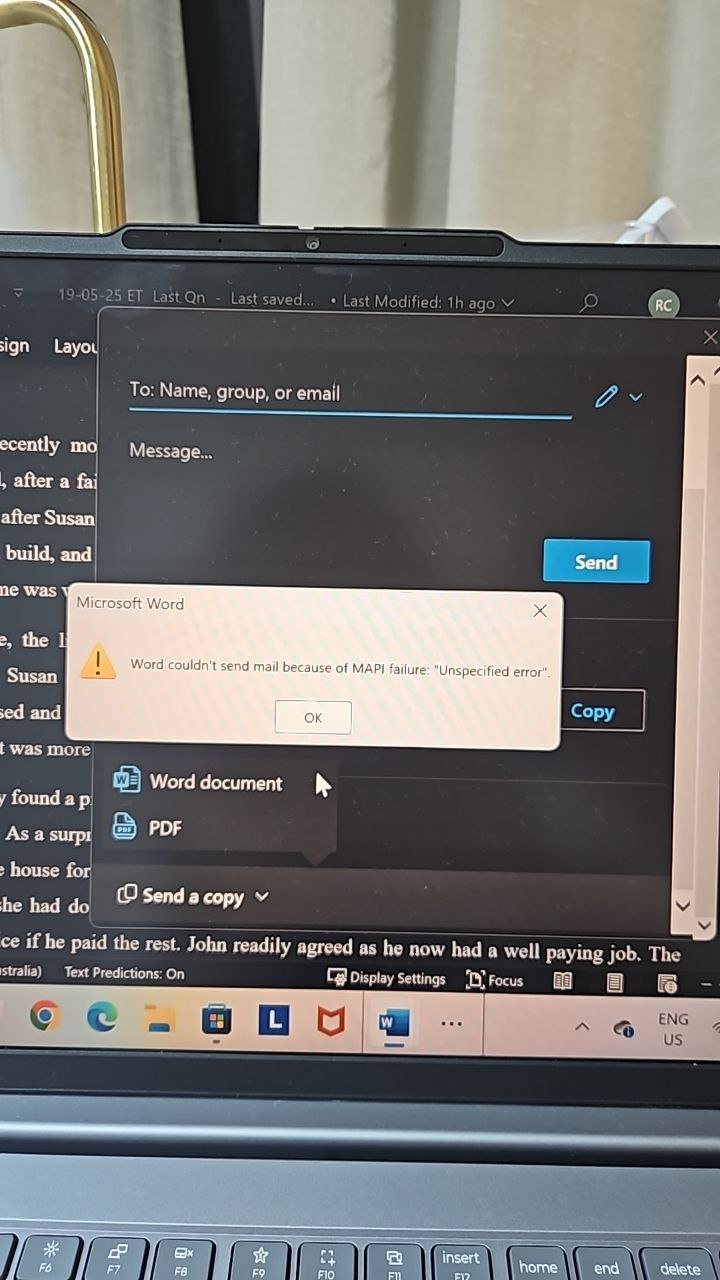 Word couldn't send mail because of MAPI failure " Unspecified error" - Microsoft Q&A