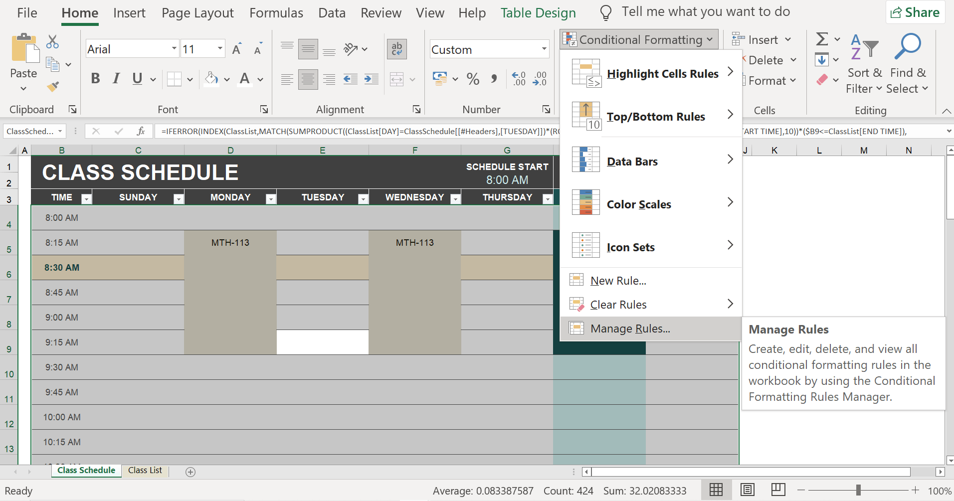 Color changes Excel Student Schedule Template - Microsoft Q&A
