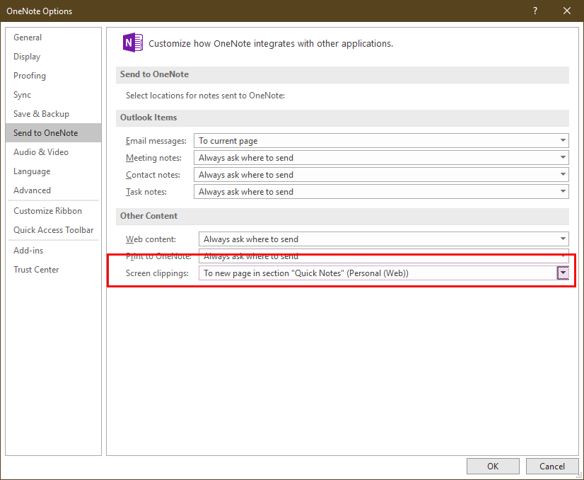 Reset default screen clipping destination of "Send to OneNote Tool" in ...