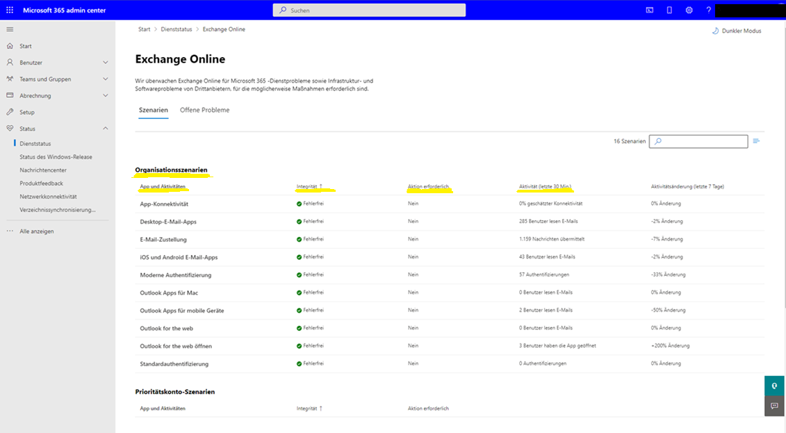 How can I request the organization scenarios from Exchange Online on ...