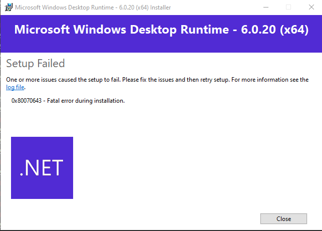 Error attempting to install .NET 6.0 Desktop Runtime (v6.0.20) - Microsoft Q&A