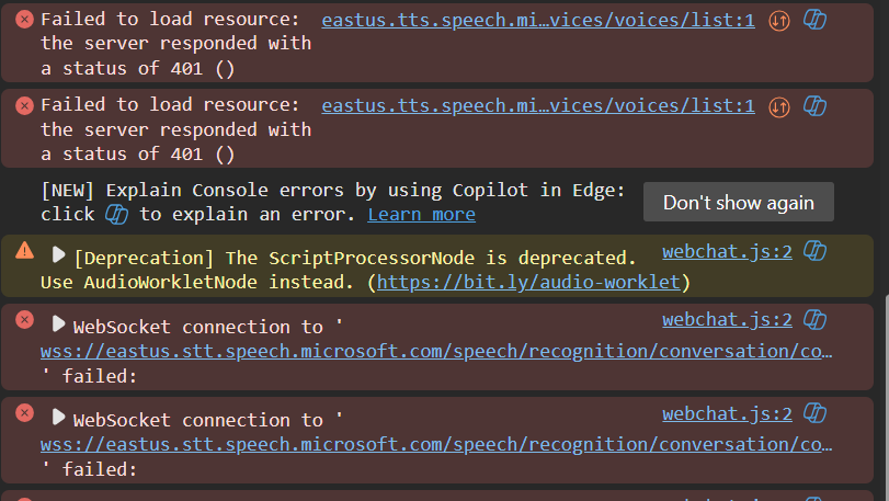 Unable to connect to webchat v4 speech service by AAD jwt token - Microsoft Q&A