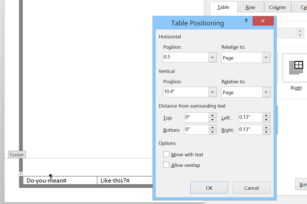 Table Position in Document Footer - Microsoft Q&A