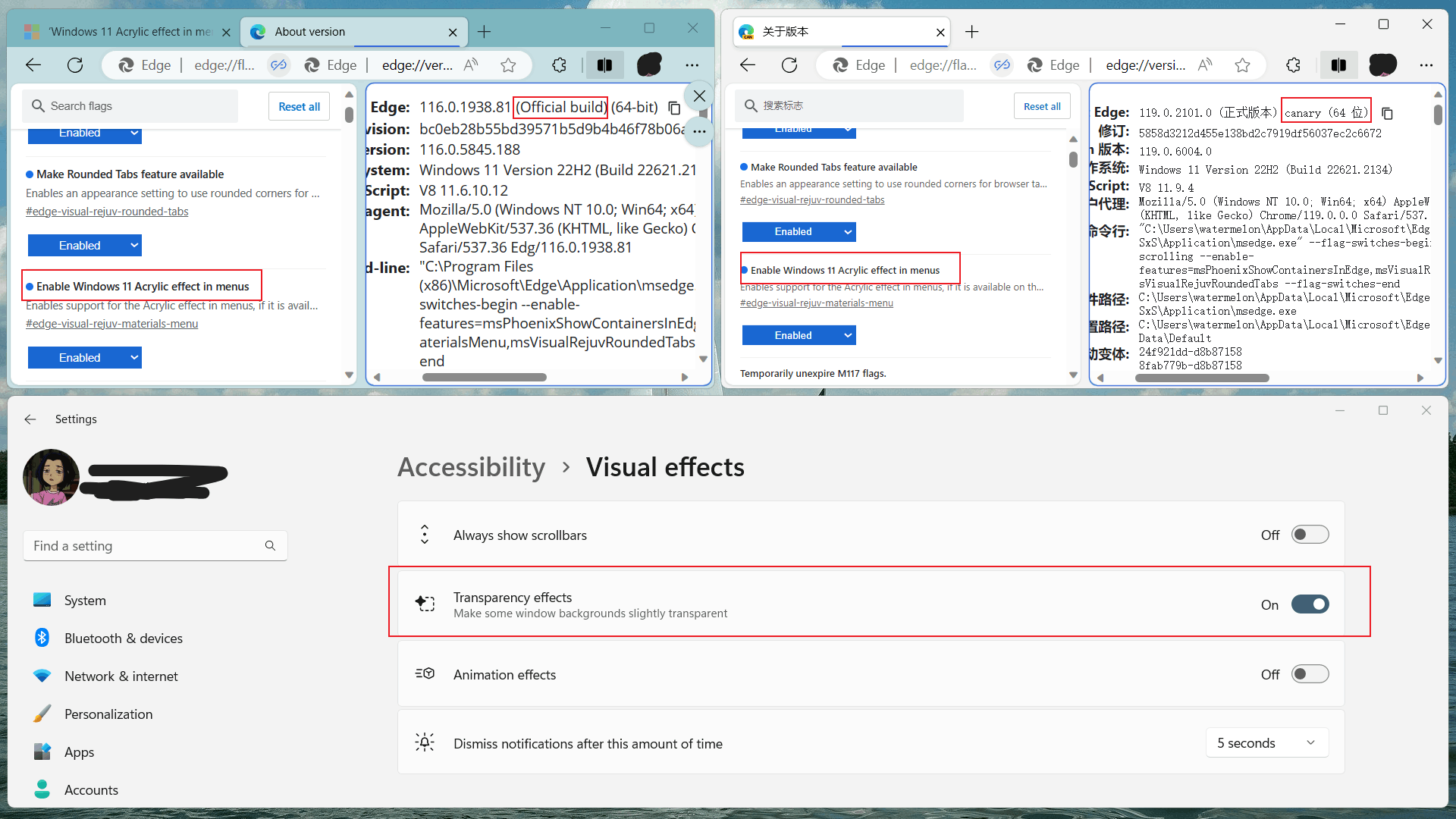 ‘Windows 11 Acrylic effect in menus’ can't affect. - Microsoft Q&A
