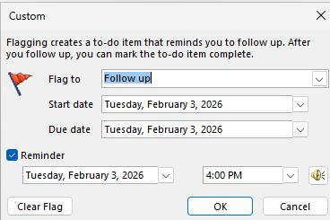 Why do Outlooks follow up Custom Flags reminder date auto fill to the ...