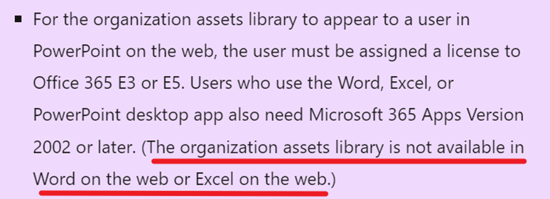 organization assets library not appearing on online applications (Word ...