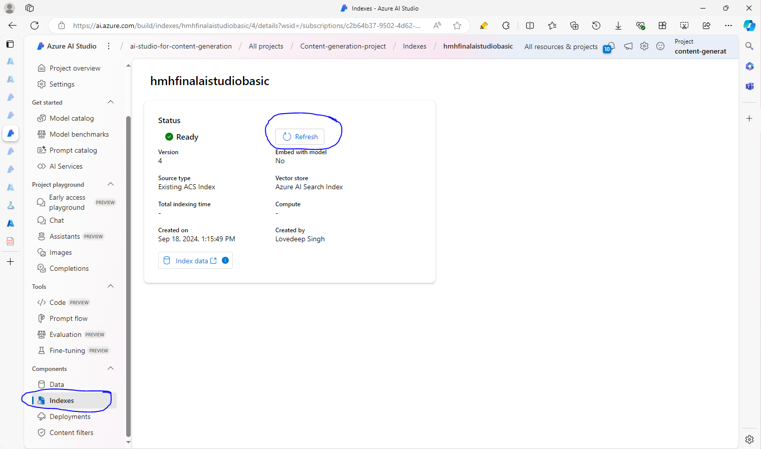 What is the exact use of "Refresh" button under Indexes in Azure Ai ...