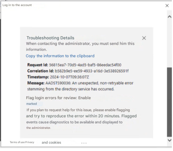 AADSTS90036: An unexpected, non-retryable error stemming from the directory service has occurred ...