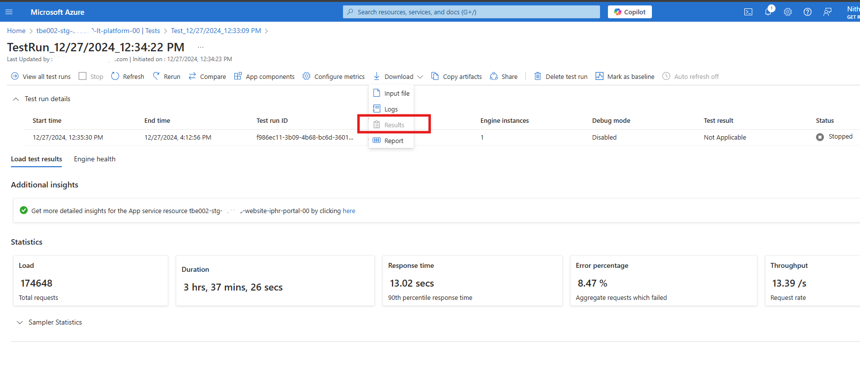 Not able to download Results for Azure Load Testing. Results option is ...