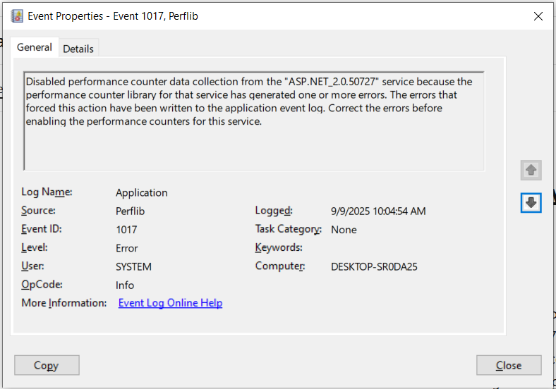 how to fix this error "Disabled performance counter data collection from the "ASP.NET_2.0.50727 ...