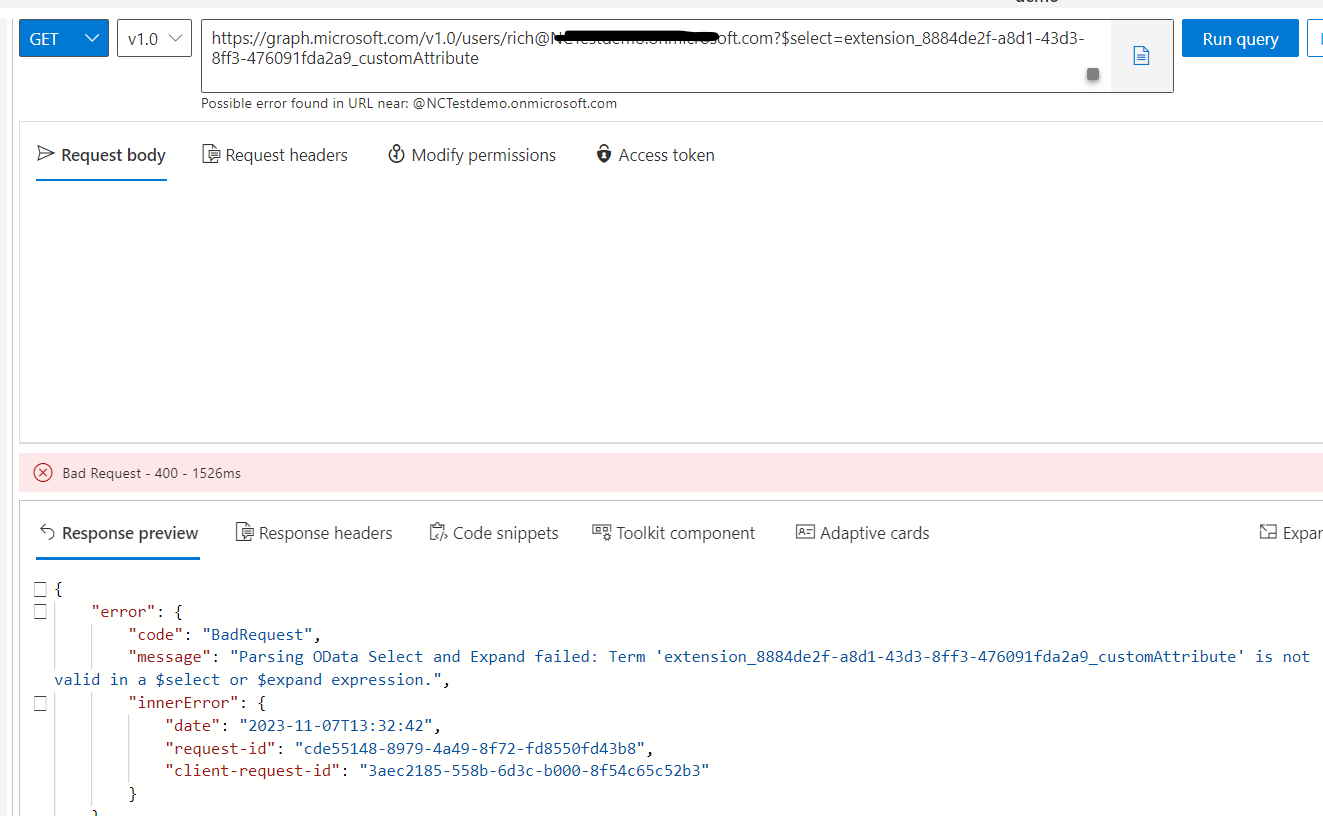 getting error when tried to fetch custom syned attribute using graph API - Microsoft Q&A