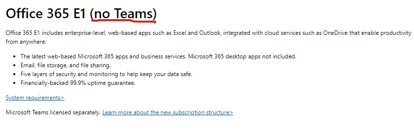 I'm unable to use outlook and teams in mobile with E1 license ...
