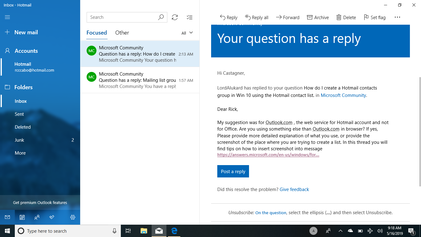 How do I create a Hotmail contacts group in Win 10 using the Hotmail ...