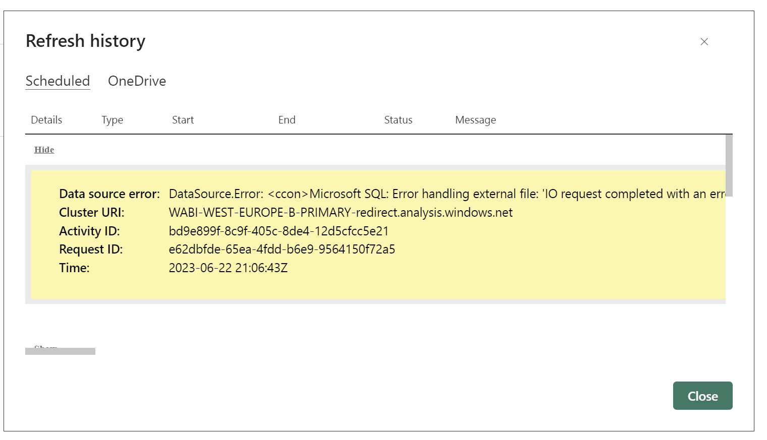 Error handling external file: 'IO request completed with an error. ERROR = 0x0000000C'. File ...