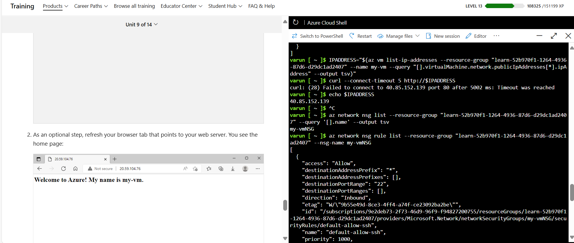 Exercise - Configure network access: Tried to run the curl command and keep getting curl: (28 ...