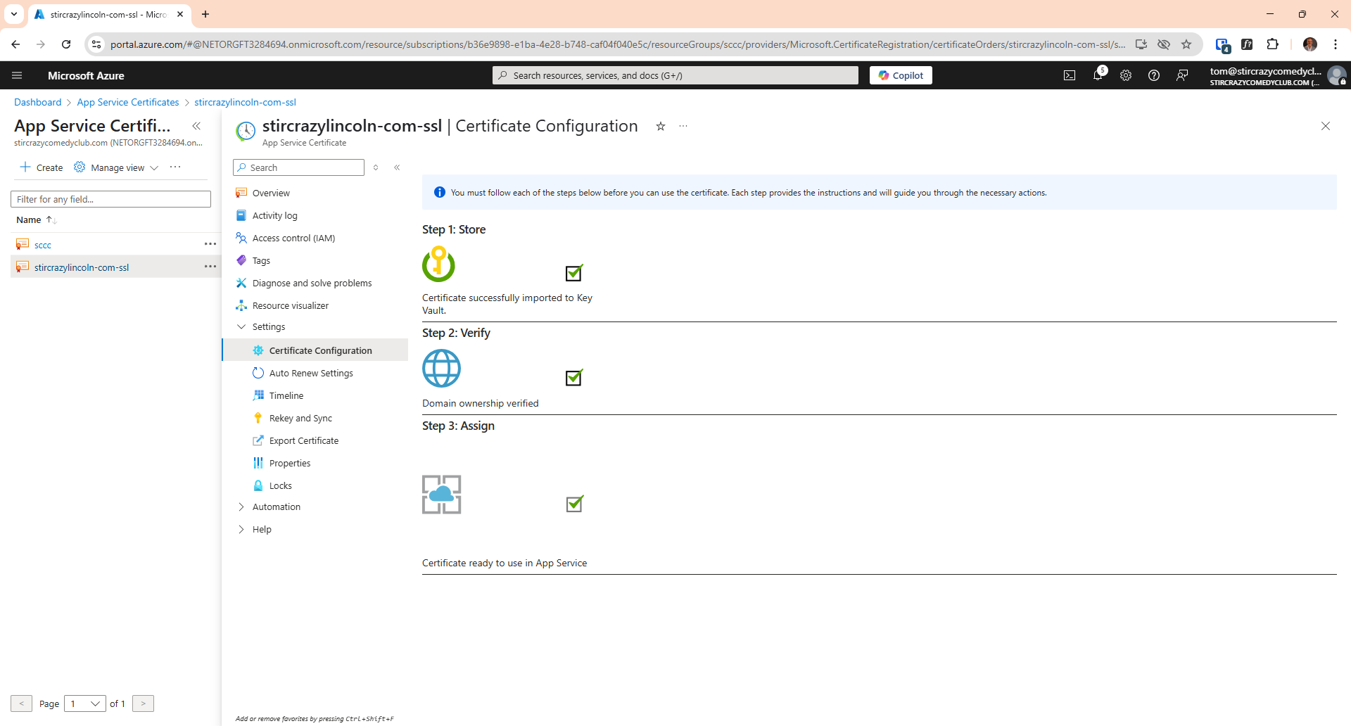 Cannot access issued App Service Certificate or open support ticket - Microsoft Q&A