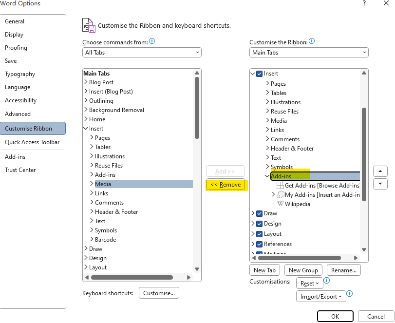 How to remove the Wikipedia add-in button from Microsoft Word 365 ...
