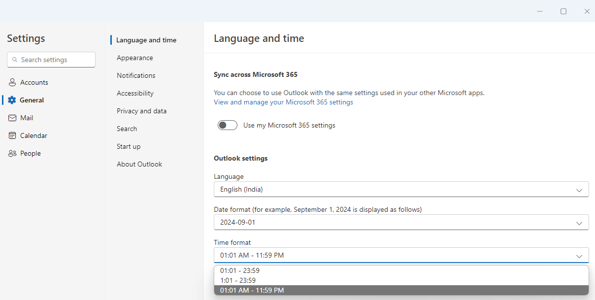 I'm not able to change the outlook time format from 24hrs to 12hrs ...