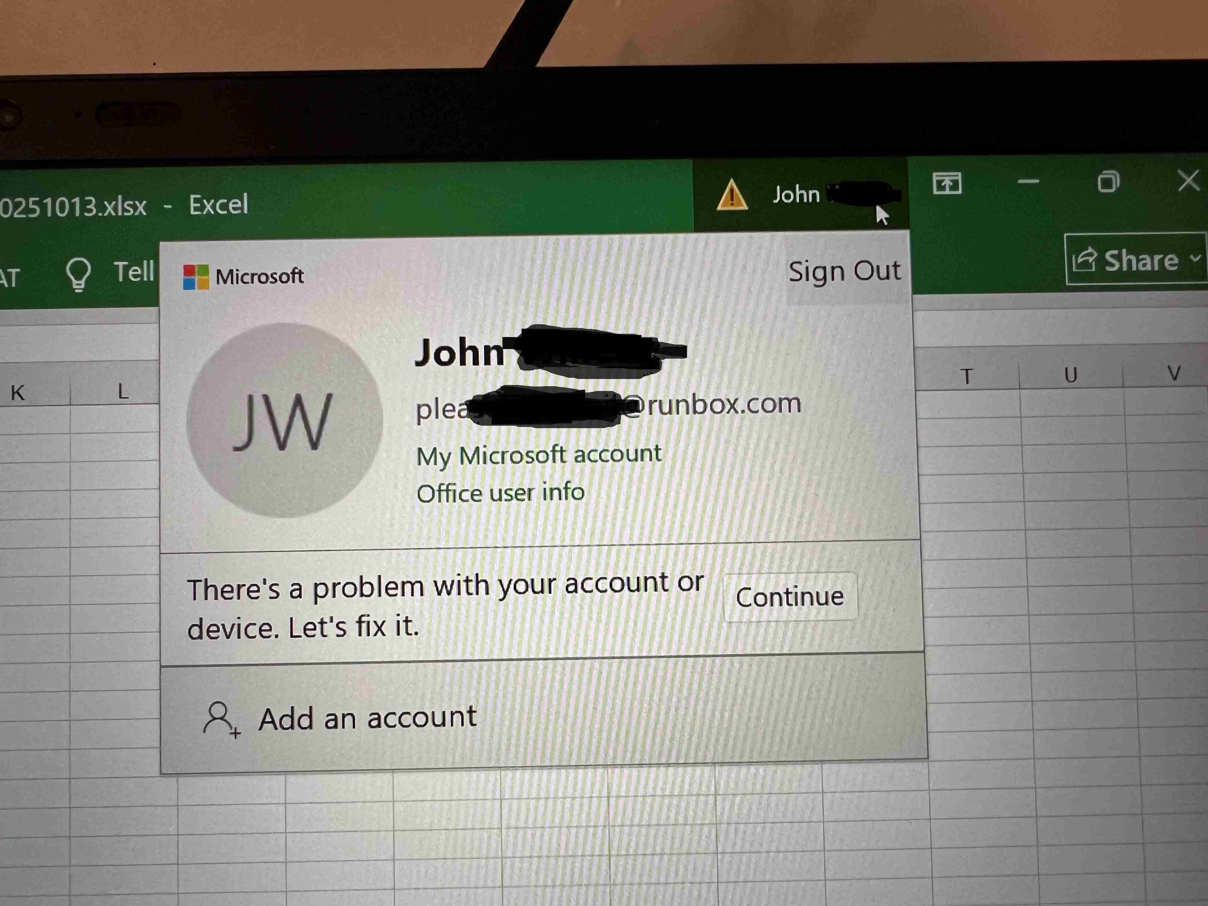 Excel 2019 is Complaining about a "Problem with your account ...