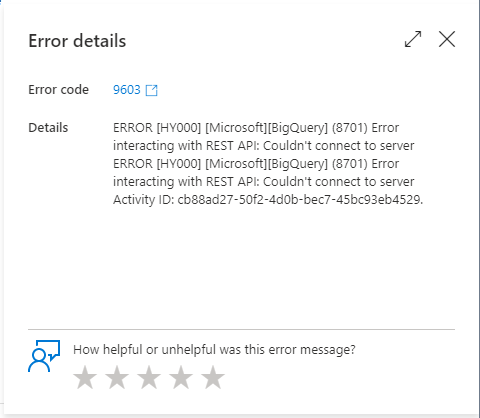 Azure Synapse Linked Service Error Connecting to Google BigQuery [HY000] (8701) - Microsoft Q&A