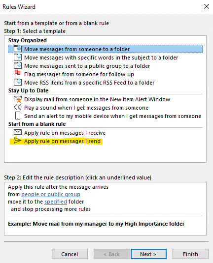 Apply Rule on Messages I Send is not available in Outlook Version 1 ...