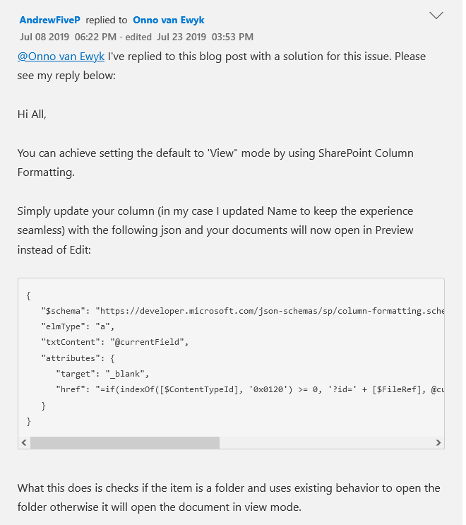Default view (Read or Edit) when opening Excel in browser via ...