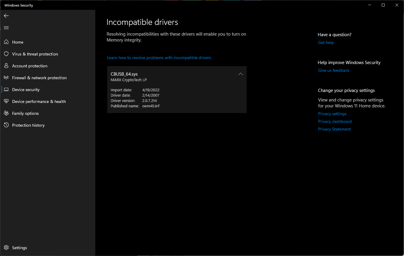 Cannot turn on memory integrity because of incompatible driver ...