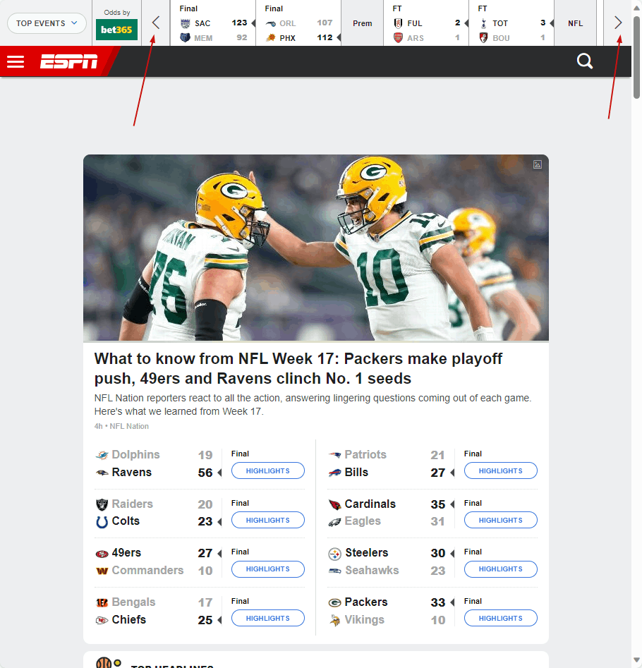 Why won't the scores at the top of ESPN scroll left? - Microsoft Q&A